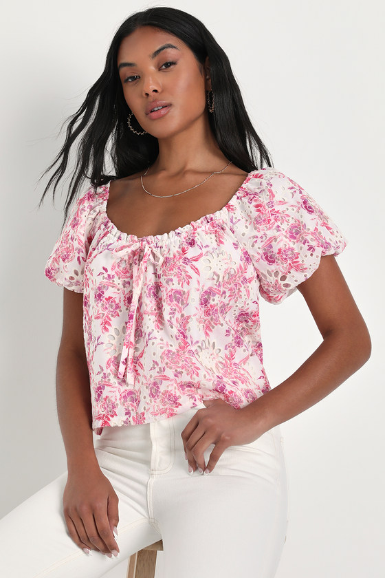 Ivory Floral Print Top Eyelet Embroidered Top Puff Sleeve Top Lulus