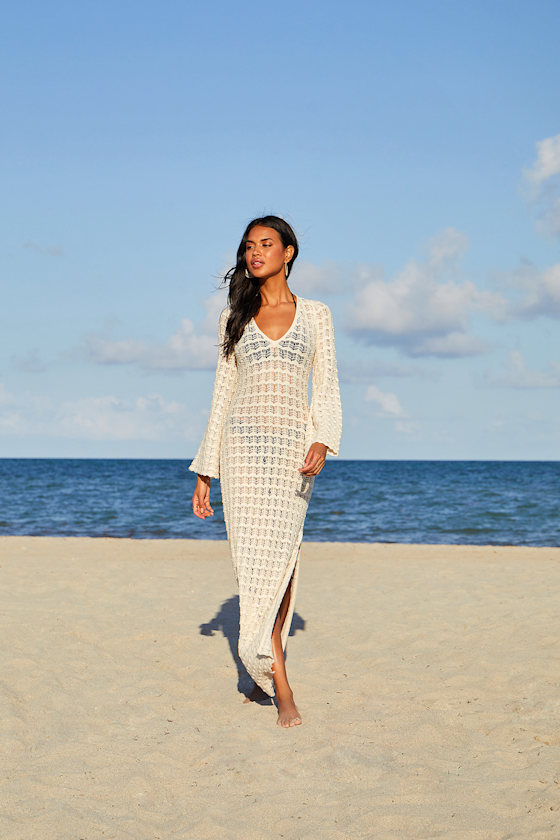 Beige Swim Cover-Up - Long Sleeve Swim Cover - Maxi Swim Cover-Up - Lulus