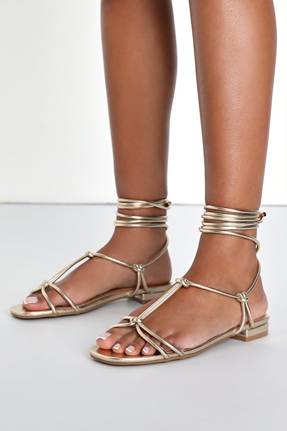 Gold Knotted Sandals - Lace-Up Sandals - Low Block Heel Sandals - Lulus