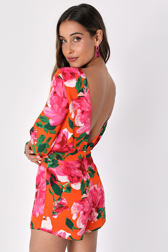 Cute Floral Print Romper - Backless Romper - Orange Romper - Lulus