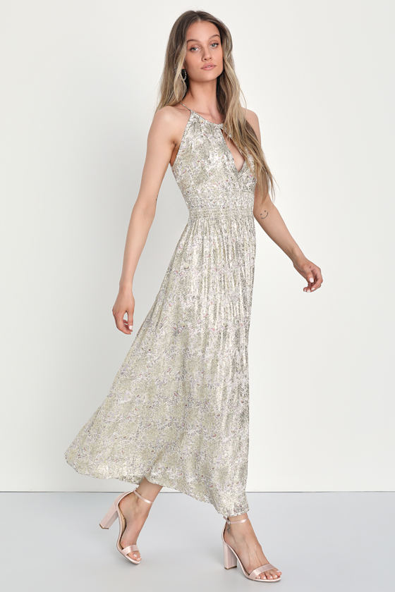 White Floral Print Dress - Shiny Lurex Dress - Cutout Maxi Dress - Lulus