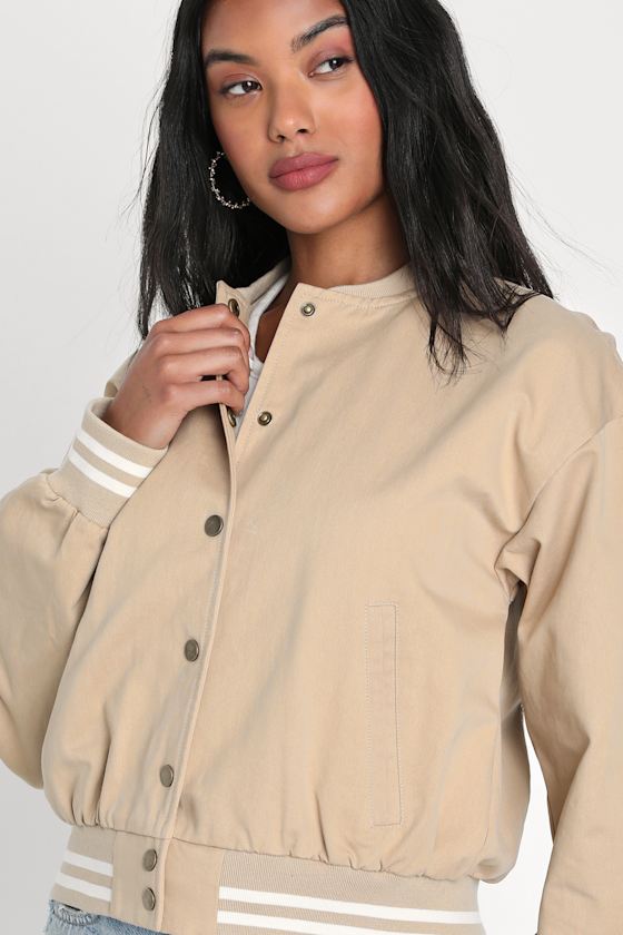 Beige Bomber Jacket - Twill Bomber Jacket - Cute Bomber Jacket - Lulus