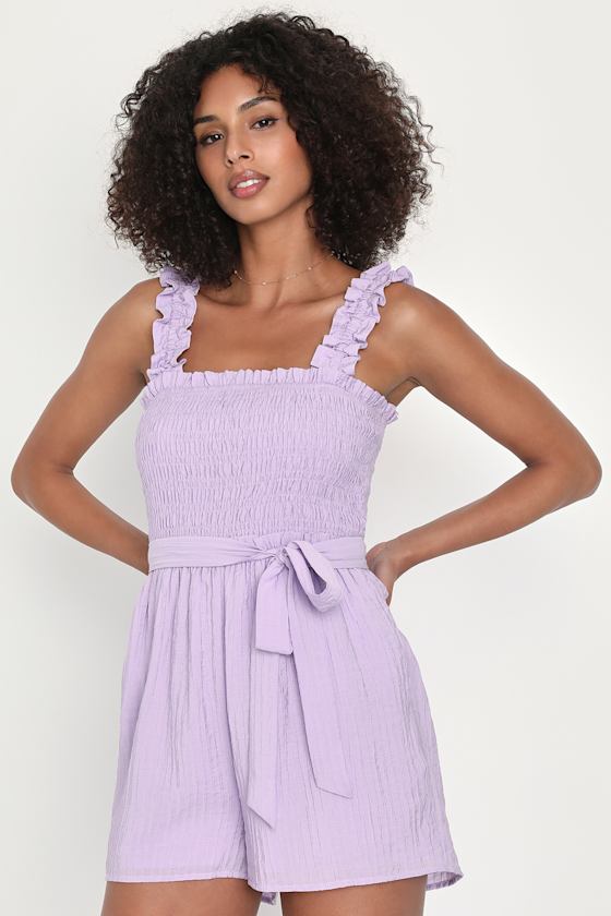 Lilac Smocked Romper - Belted Sleeveless Romper - Ruffled Romper - Lulus