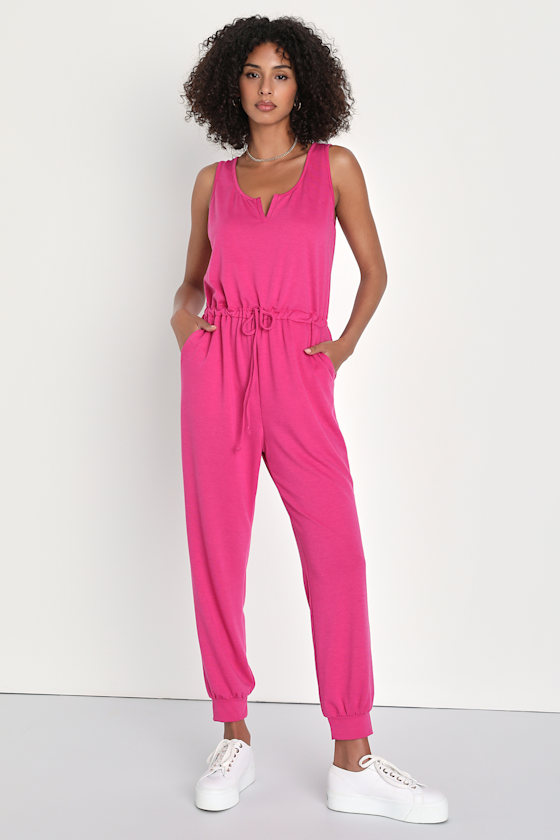 Hot Pink Lounge Jumpsuit - Drawstring Jumpsuit - Knit Jumpsuit - Lulus