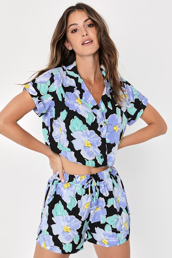 Black Multi Floral Print Romper - 2PC Romper - Shorts Romper - Lulus