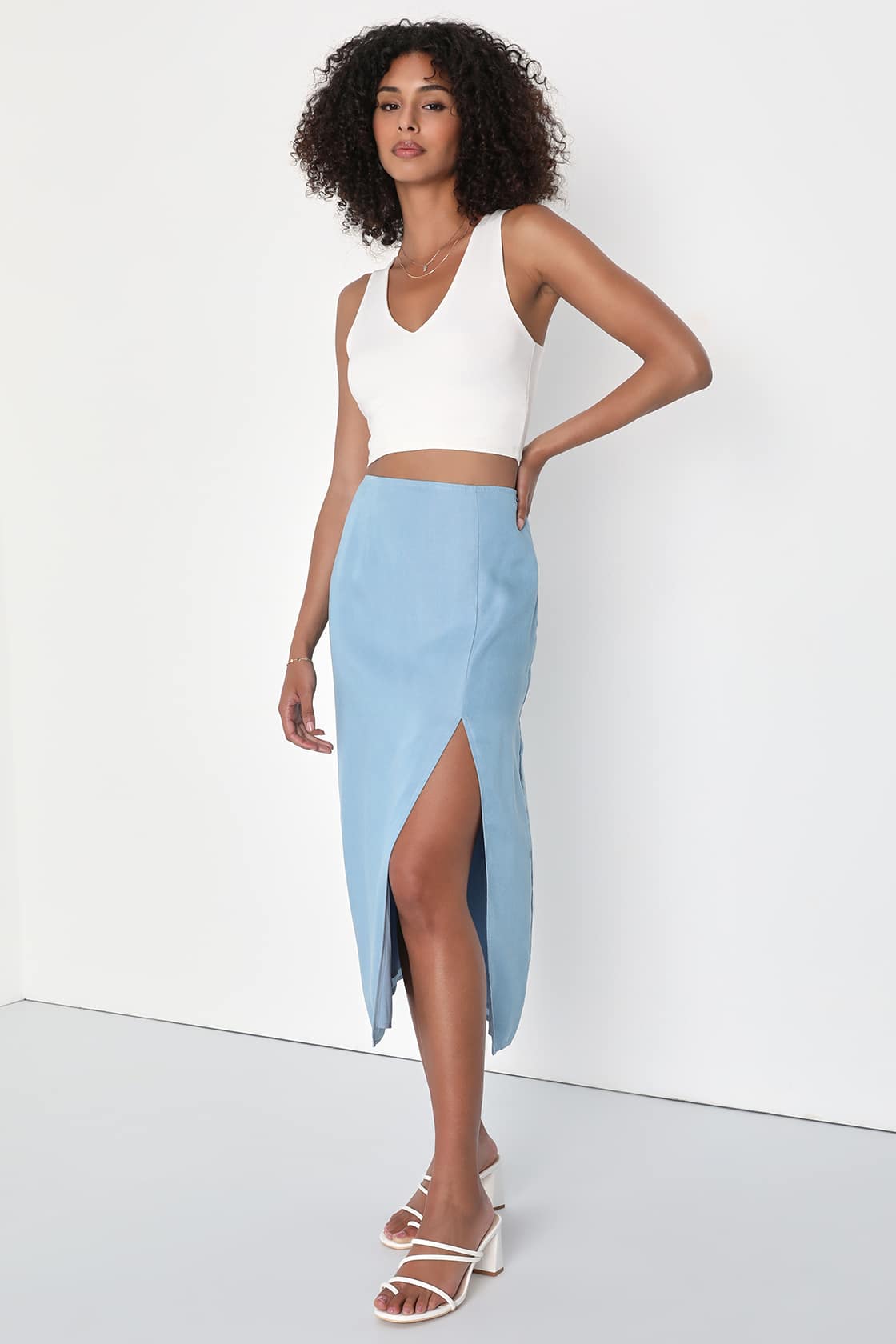Light Blue Skirt - Chambray High-Rise Skirt - Blue Midi Skirt - Lulus