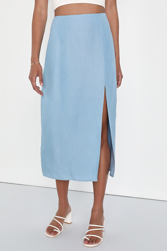 Light Blue Skirt - Chambray High-Rise Skirt - Blue Midi Skirt - Lulus