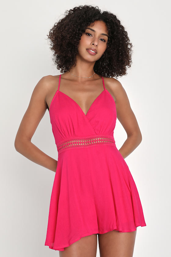 Hot Pink Romper - Crochet Lace Trim Romper - Sleeveless Romper - Lulus