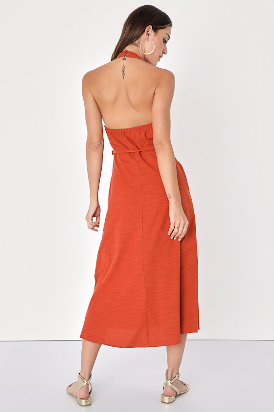 Rust Orange Midi Dress - Halter Dress - Dress With Pockets - Lulus