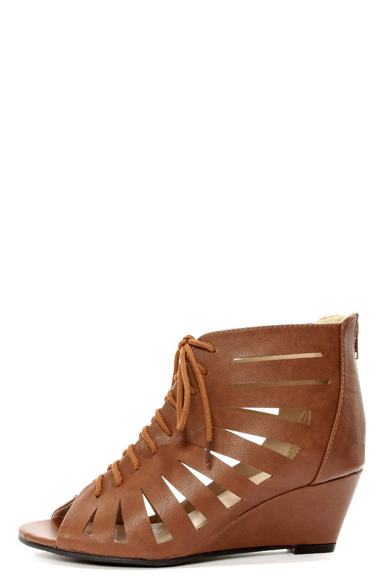 Vida 1 Tan Cutout Lace-Up Wedge Booties - $29.00 - Lulus