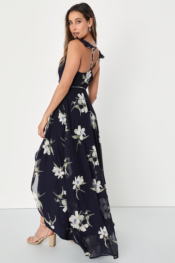 Navy Blue Floral Print Dress Wrap Dress Side Slit Maxi Dress Lulus