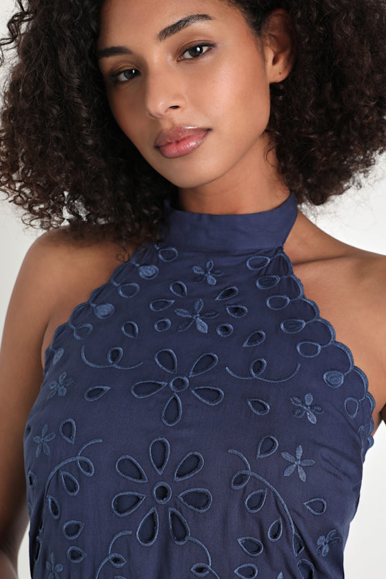 Navy Embroidered Dress - Belted Halter Midi Dress - Cute Dress - Lulus