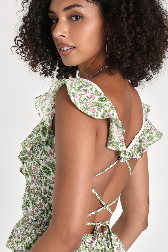 Ivory Floral Print Top Ruffled Lace Up Top Backless Top Lulus
