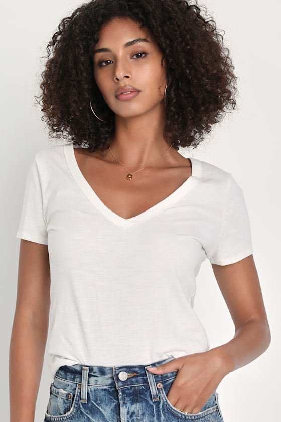 White Heathered Tee - V-Neck Tee - Short Sleeve Tee - White Top - Lulus