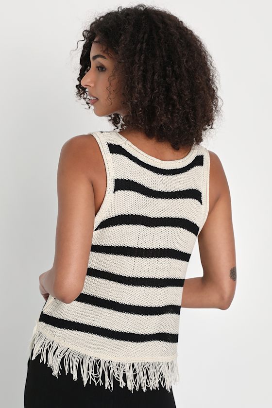 Ivory and Black Striped Top - Loose Knit Tank Top - Fringe Top - Lulus