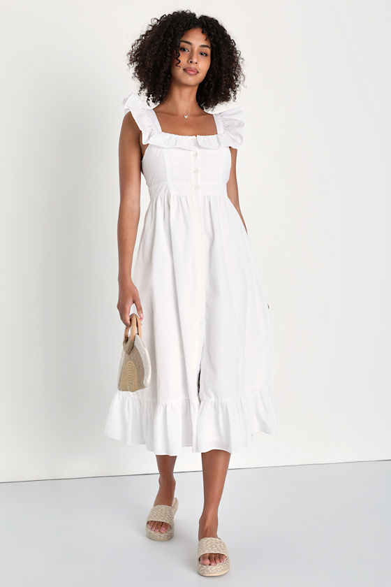 White Ruffled Dress - Button-Front Dress - Cute Midi Dress - Lulus