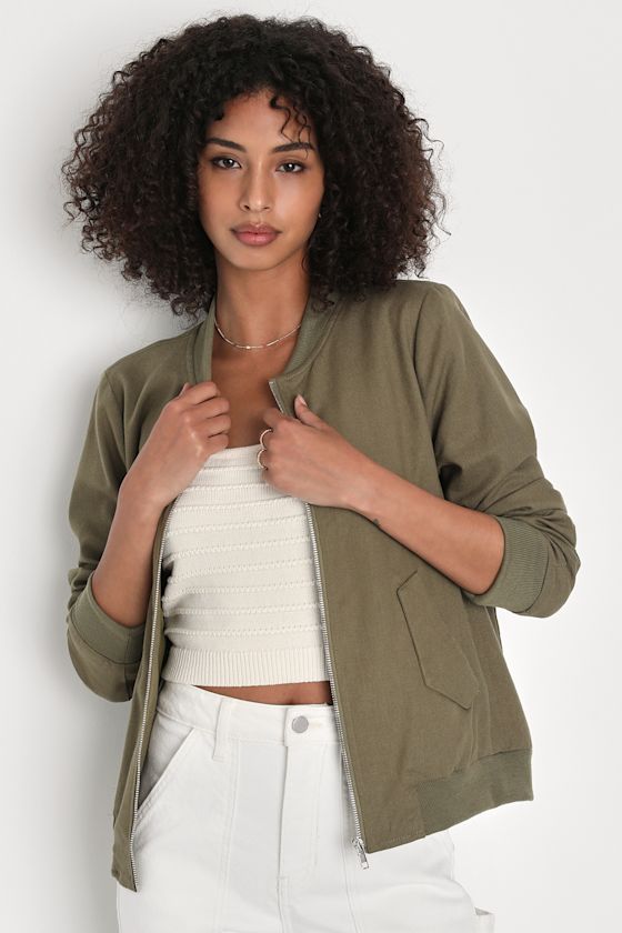 Green Midweight Bomber - Linen-Blend Jacket - Bomber Jacket - Lulus