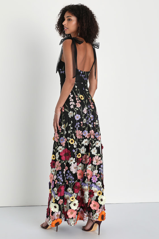 3d Floral Applique Dress Black Floral Dress Tie Strap Dress Lulus