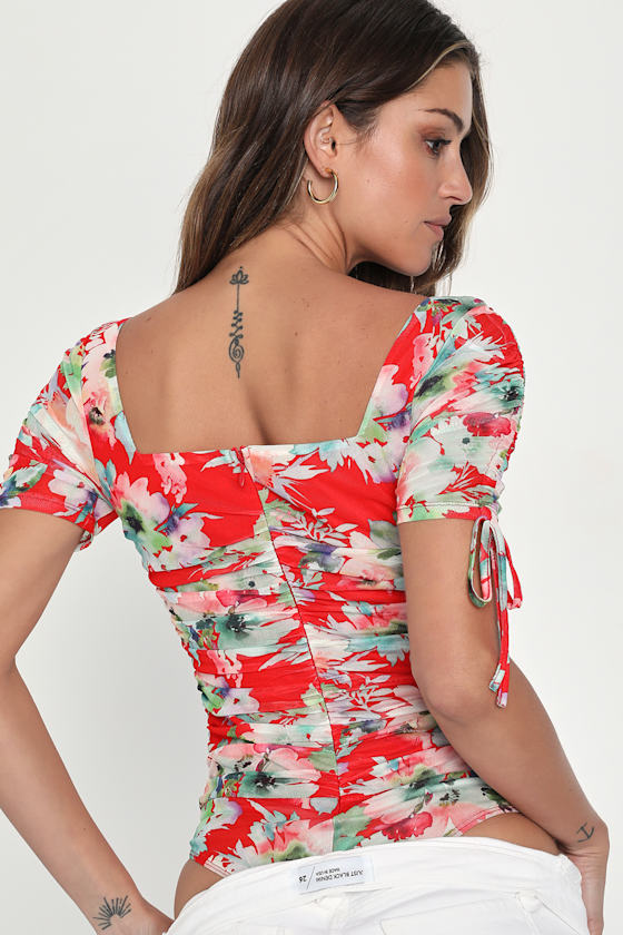 Red Floral Print Bodysuit - Ruched Top - Short Sleeve Bodysuit - Lulus