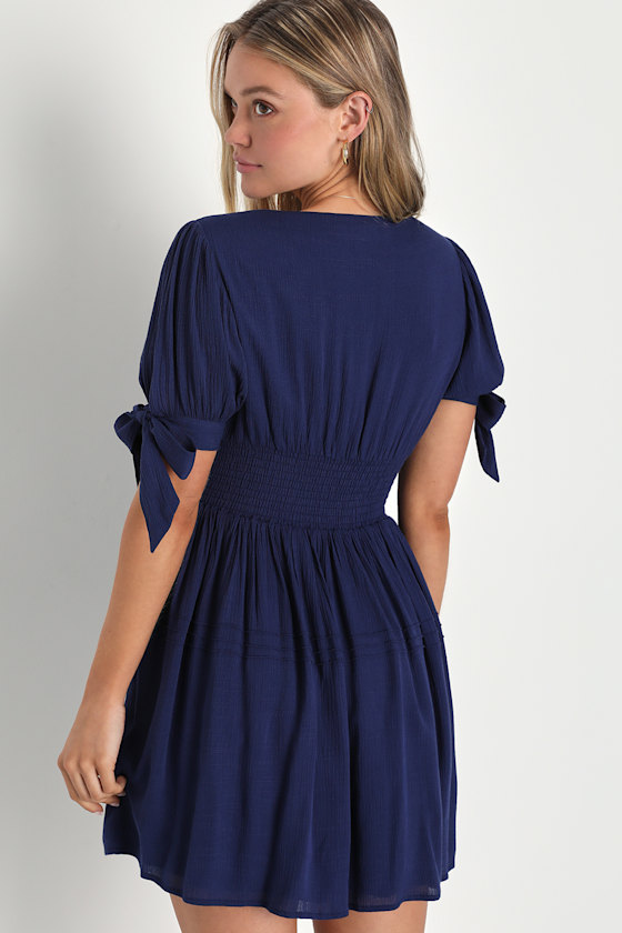 Navy Blue Mini Dress - Smocked V-Neck Dress - Cute Mini Dress - Lulus