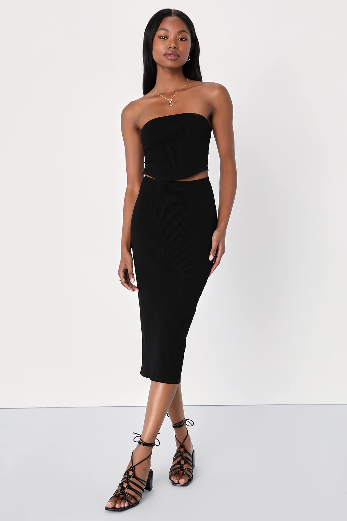 Black Ribbed Knit Dress - 2PC Midi Dress - Strapless Midi Dress - Lulus