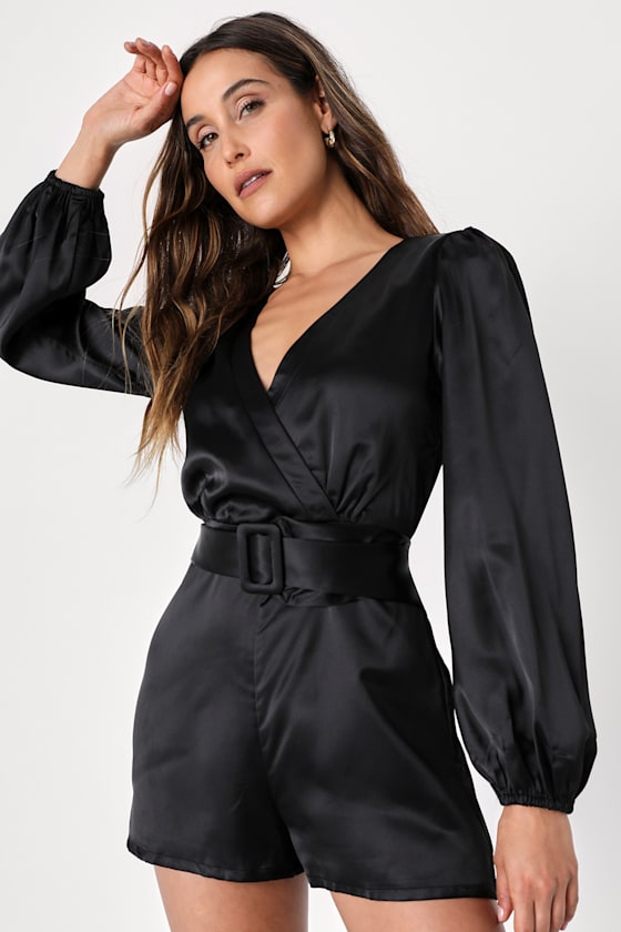 Black Satin Romper - Belted Romper - Long Sleeve Romper - Lulus