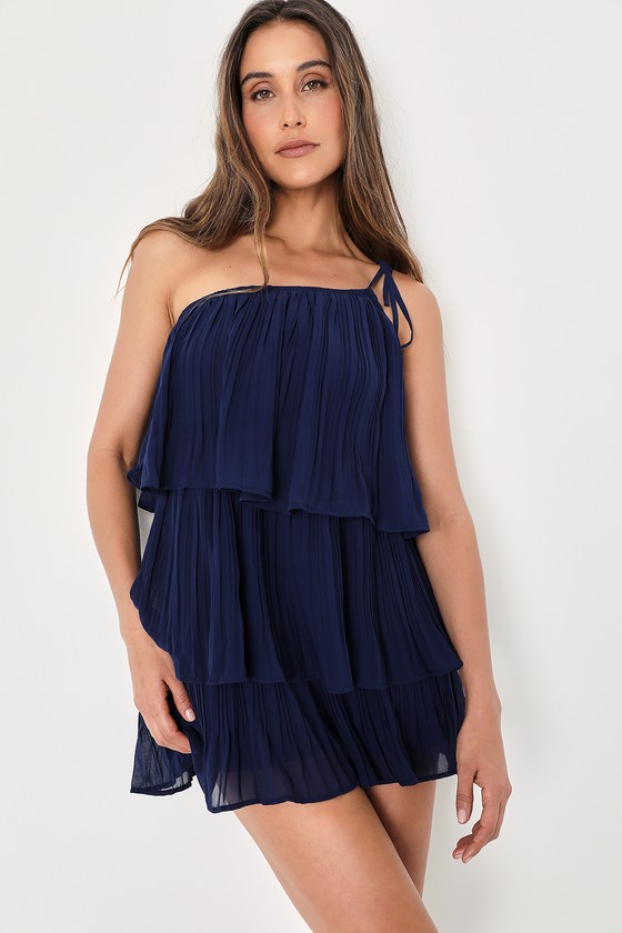 Cute Navy Blue Mini Dress One Shoulder Dress Tiered Dress Lulus