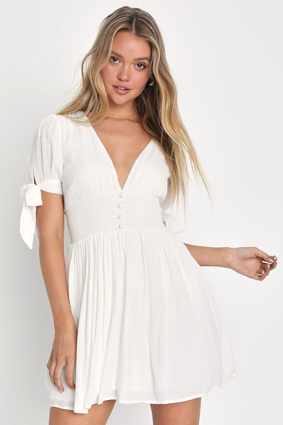 White Mini Dress - Smocked V-Neck Dress - Cute Mini Dress - Lulus