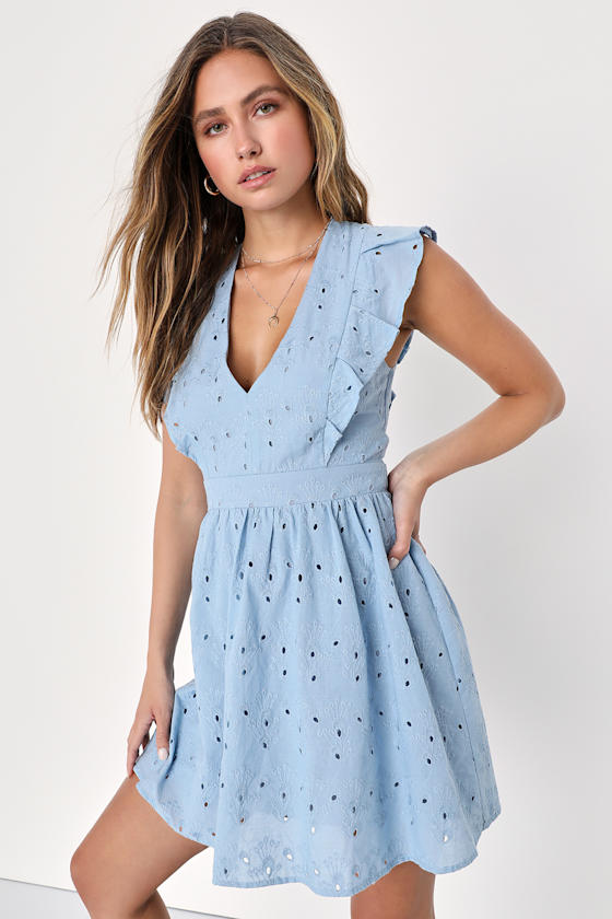Blue Ruffled Mini Dress - Eyelet Cotton Dress - Mini Dress - Lulus