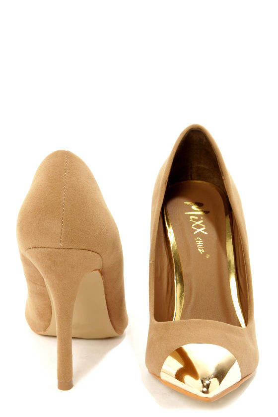 Mixx Shuz Teresa Nude and Gold Cap-Toe Pointed Pumps - $49.00 - Lulus
