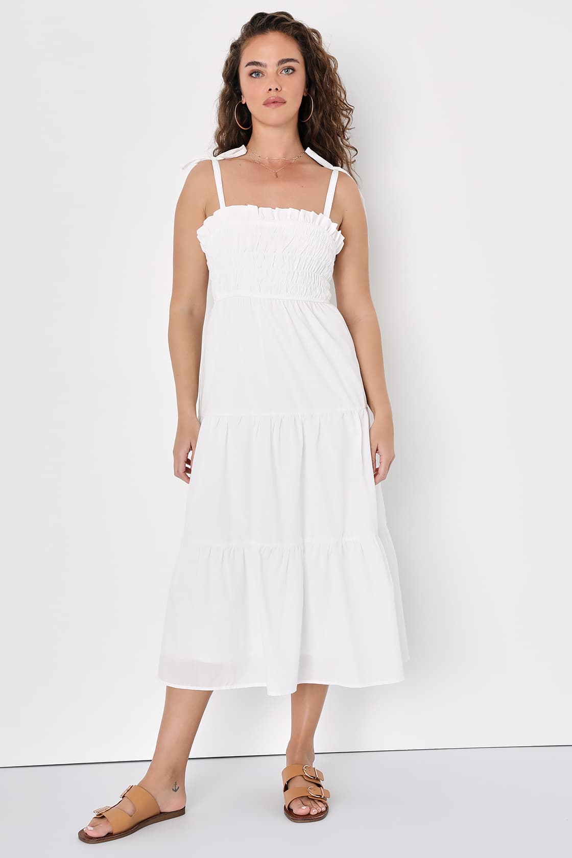 White Tiered Dress - Tie-Strap Midi Dress - Smocked Midi Dress - Lulus