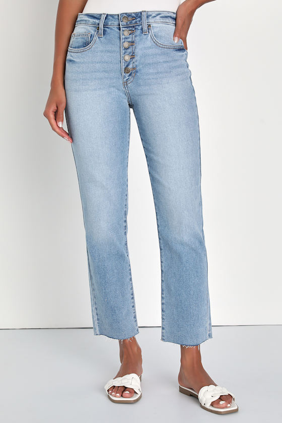 Light Wash Jeans - Button Fly Jeans - Cropped Raw Hem Jeans - Lulus