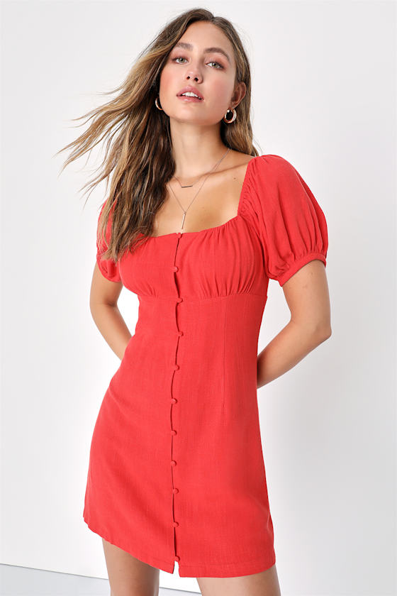 Red Linen Mini Dress - Puff Sleeve Dress - Button-Up Mini Dress - Lulus