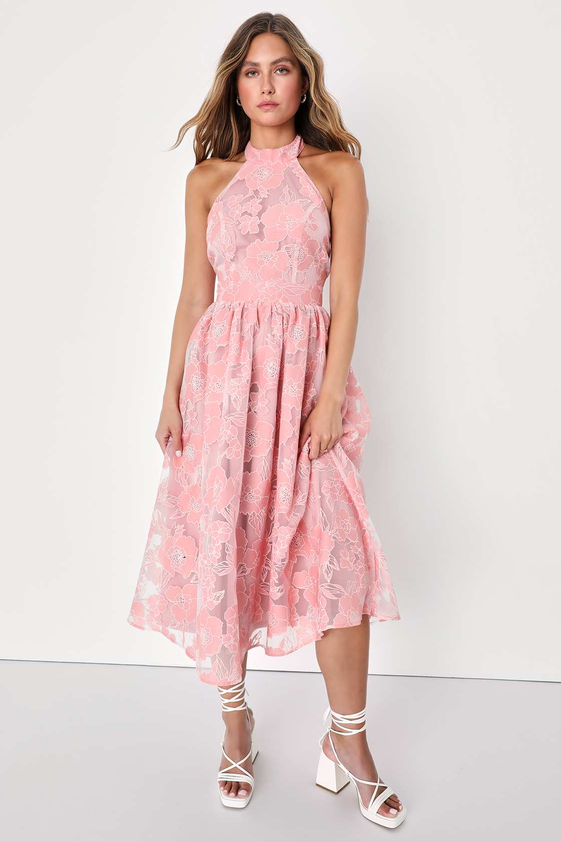 Pink Floral Midi Dress - Burnout Dress - Halter Midi Dress - Lulus