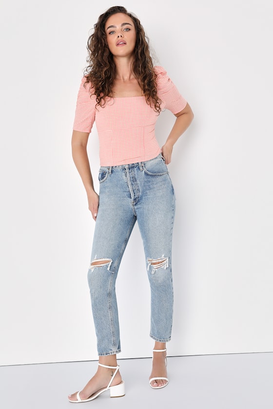 Cute Pink Gingham Top - Puff Sleeve Top - Ruched Top - Lulus