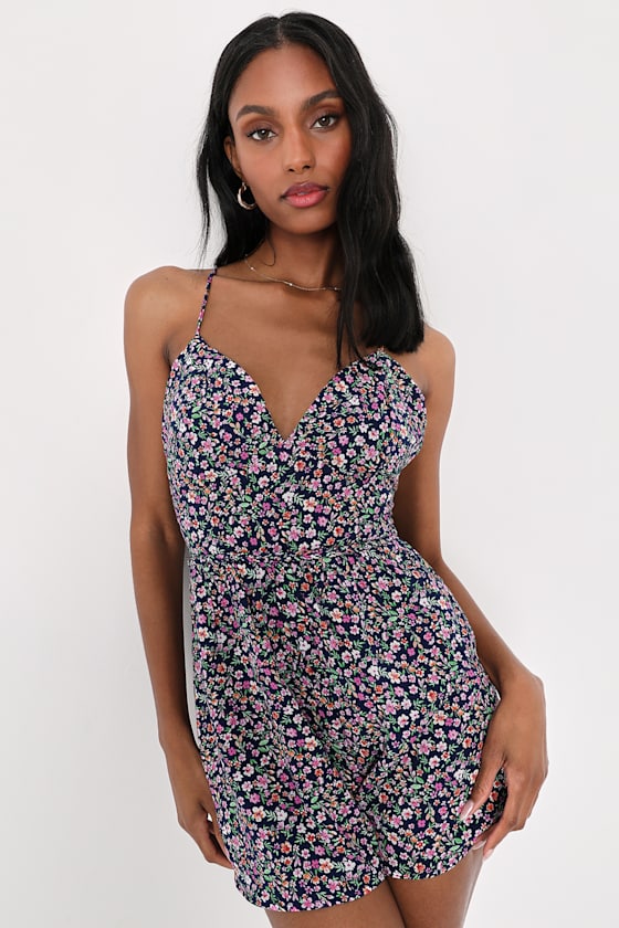 Navy Blue Romper - Floral Sleeveless Romper - Tie-Back Romper - Lulus