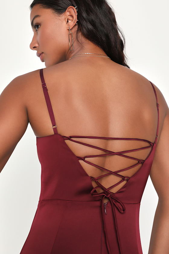 Wine Red Maxi Dress Lace Up Mermaid Dress Satin Maxi Dress Lulus