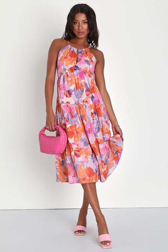 Pink Multi Floral Dress - Midi Dress With Pockets - Tiered Dress - Lulus