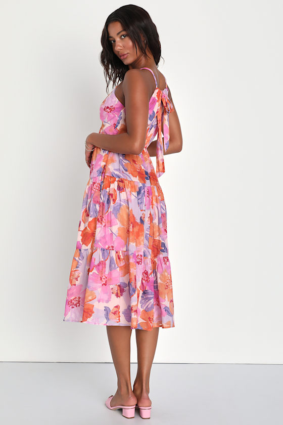 Pink Multi Floral Dress - Midi Dress With Pockets - Tiered Dress - Lulus