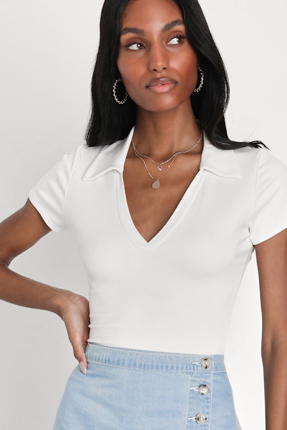 White Polo Top - White Collared Top - Short Sleeve Fitted Top - Lulus