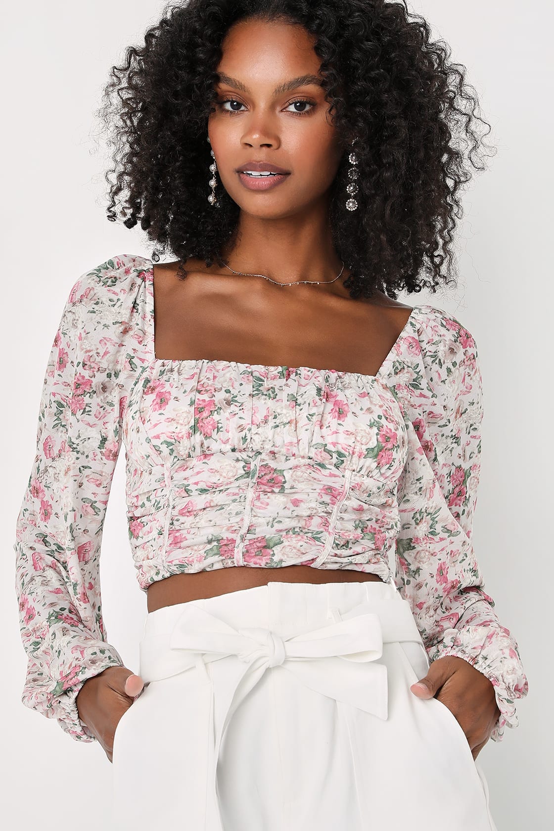 Ivory Floral Print Mesh Top Corset Top Balloon Sleeve Top Lulus