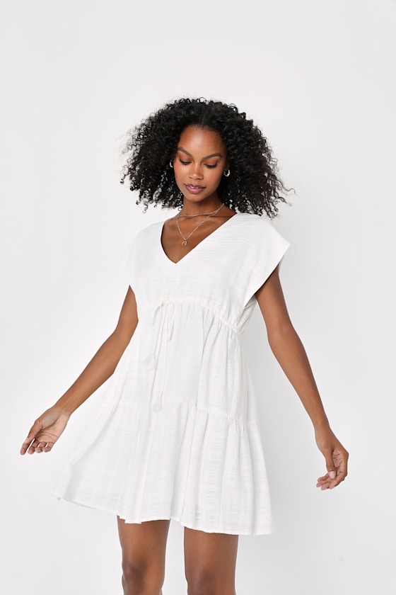 White Short Sleeve Dress - Tiered Mini Dress - Drawstring Dress - Lulus