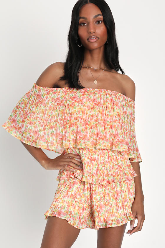 Peach Floral Romper - Pleated Romper - Off-the-Shoulder Romper - Lulus