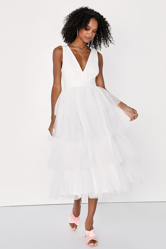 White Tulle Dress - White Tiered Dress - Tiered Midi Dress - Lulus