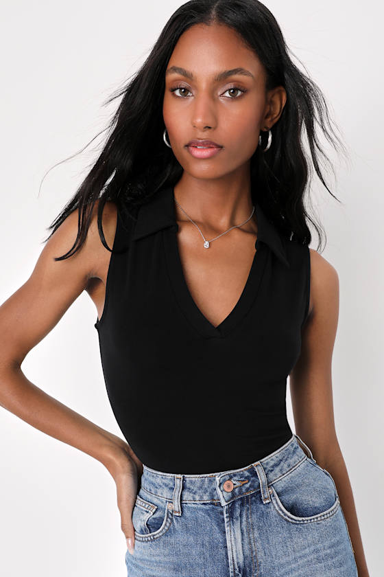 Black Collared Bodysuit - Sleeveless V-Neck Bodysuit - Bodysuit - Lulus