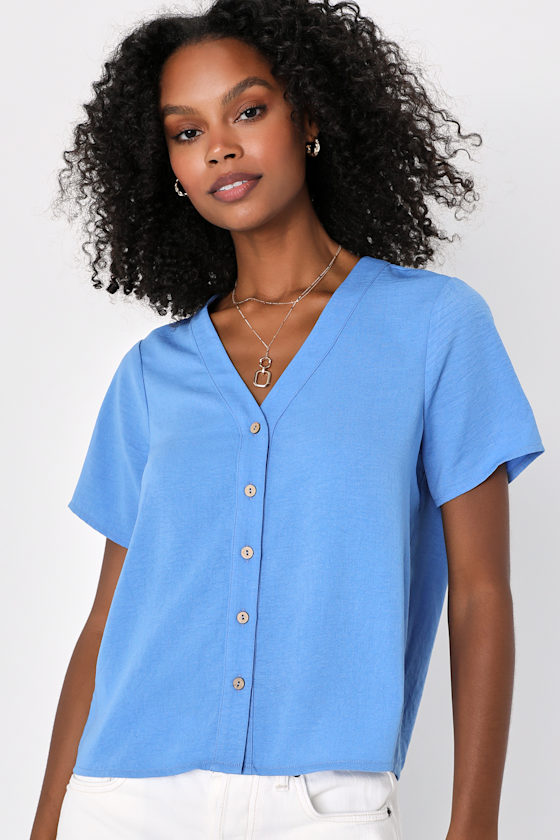 Blue Button-Up Top - Short Sleeve Top - Button-Down - Cute Top - Lulus