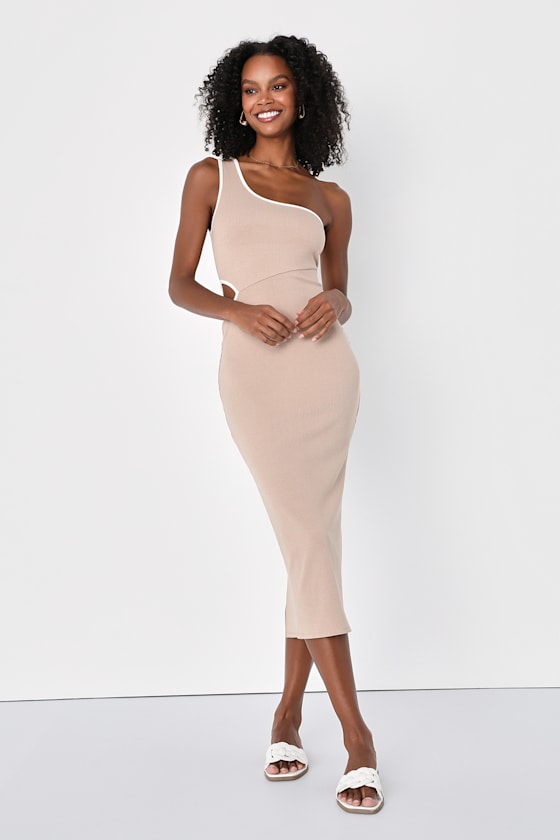Beige Ribbed Dress - One-Shoulder Dress - Bodycon Midi Dress - Lulus
