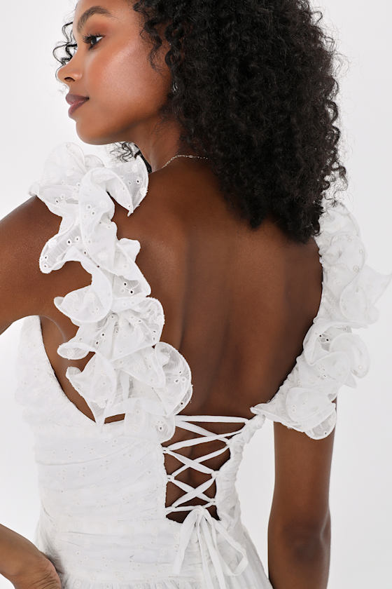 White Eyelet Embroidered Dress - Ruffled Dress - Lace-Up Dress - Lulus