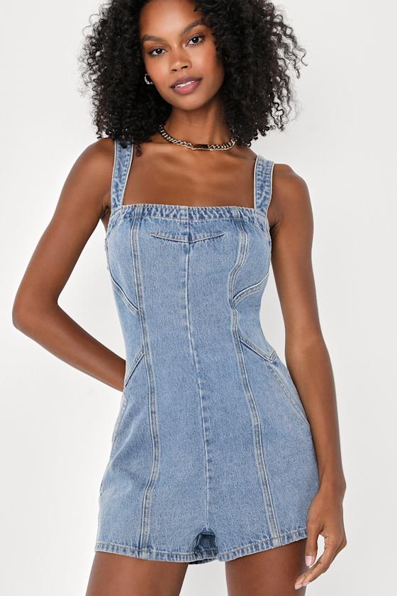 Medium Wash Romper - Backless Denim Romper - Jean Romper - Lulus
