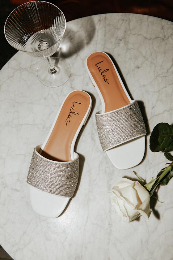 Slide-On White Sandals - Rhinestone Slide Sandals - Bridal Shoes - Lulus